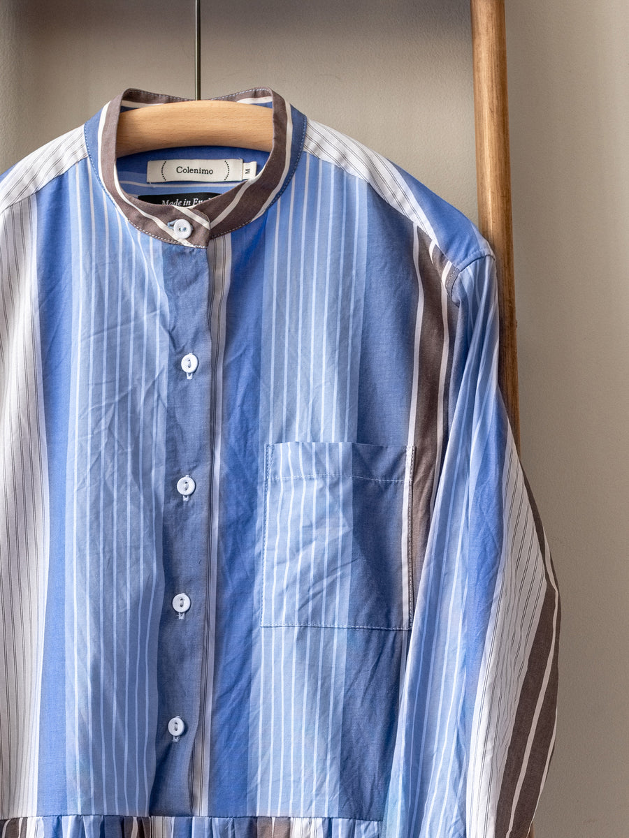 Multi Stripe Band Collar Long Sleeve Dress Blue White | Made in UK ...