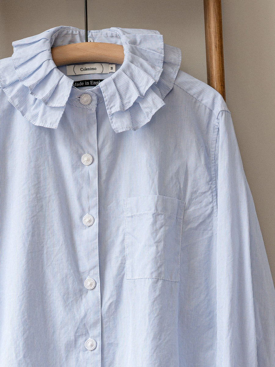 Detachable Ruffle Collar Top Blue Pinstripe | Made in UK – Colenimo