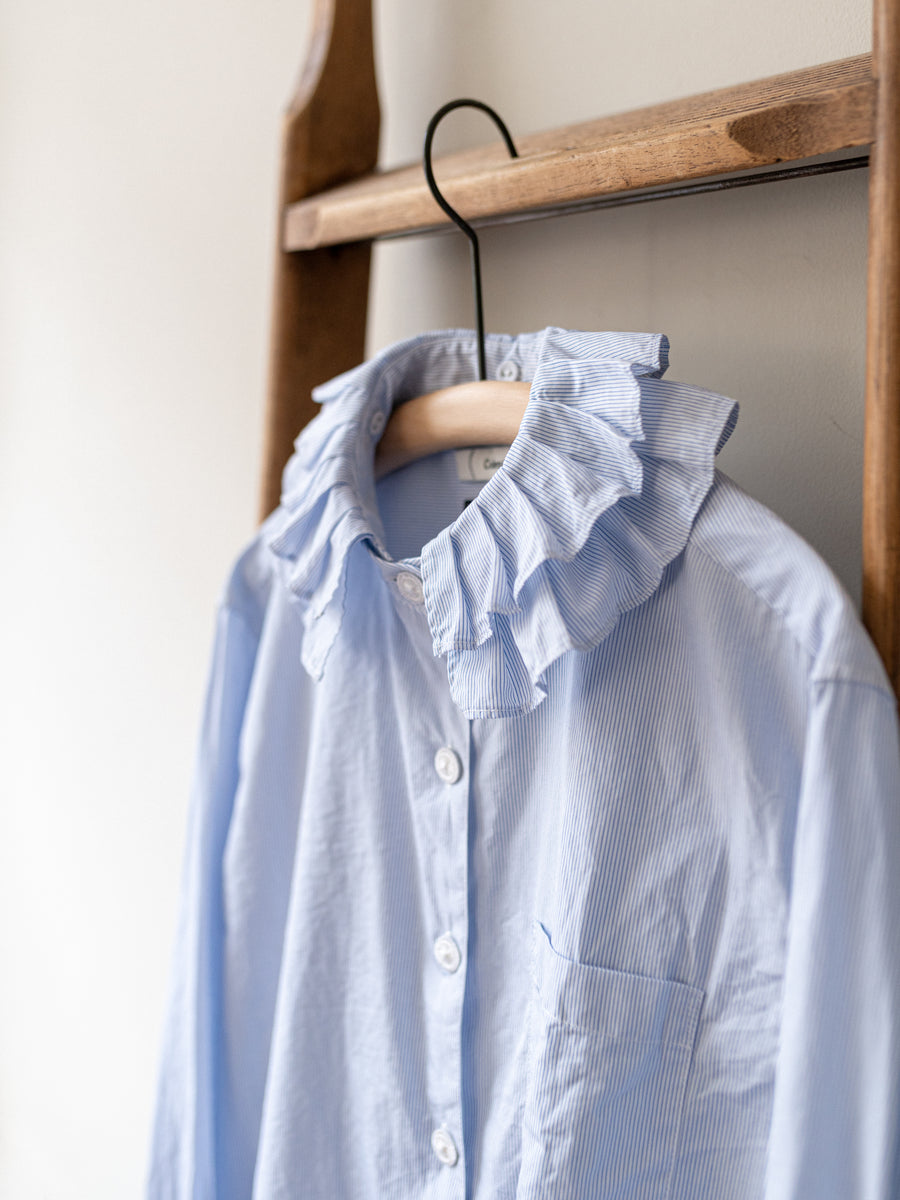 Detachable Ruffle Collar Top Blue Pinstripe | Made in UK – Colenimo